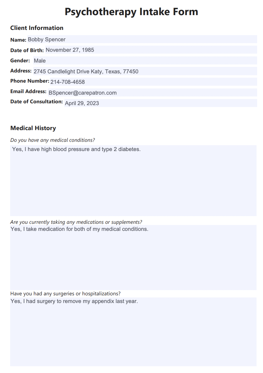 Psychotherapy Intake Form Template & Example | Free PDF Download